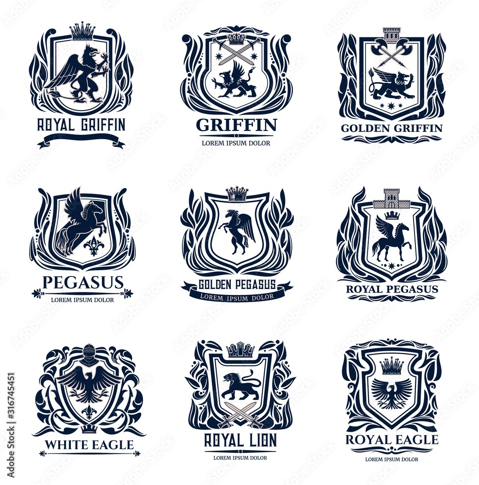 Heraldic shield badges with lions, eagles, pegasus and griffins. Vector ...