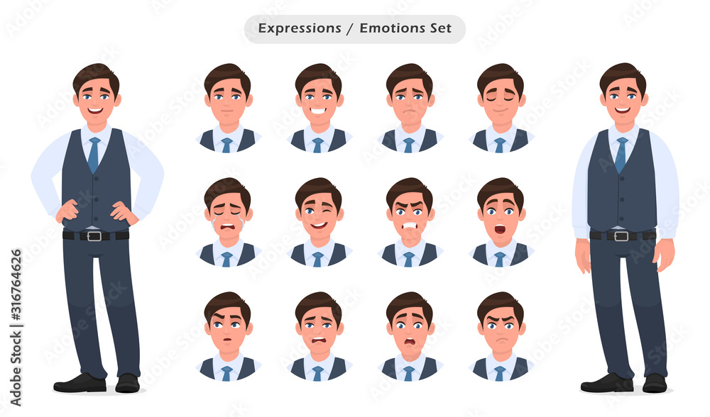 Set of male character's facial expressions. Collection of man with ...
