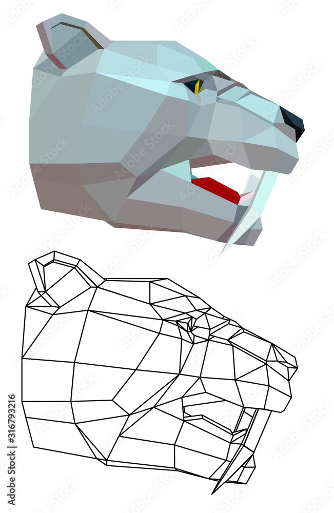 low poly Saber-toothed tiger in profile, sketch vector graphic colour ...