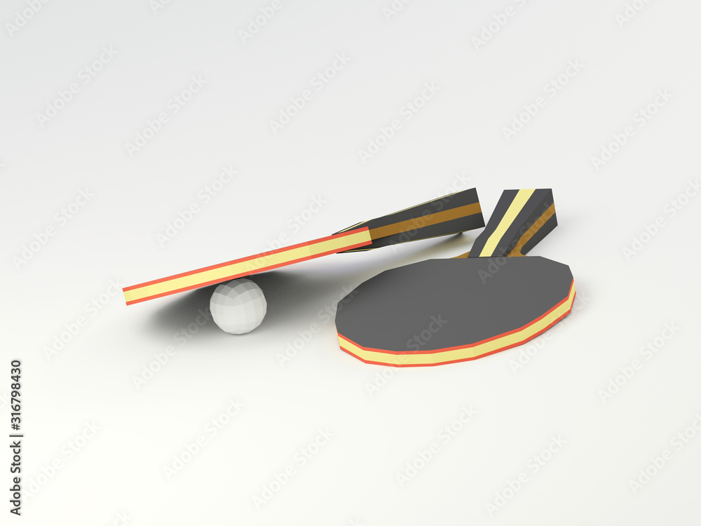 3D rendering. Table tennis rackets and a ball. Low-poly models. Objects ...