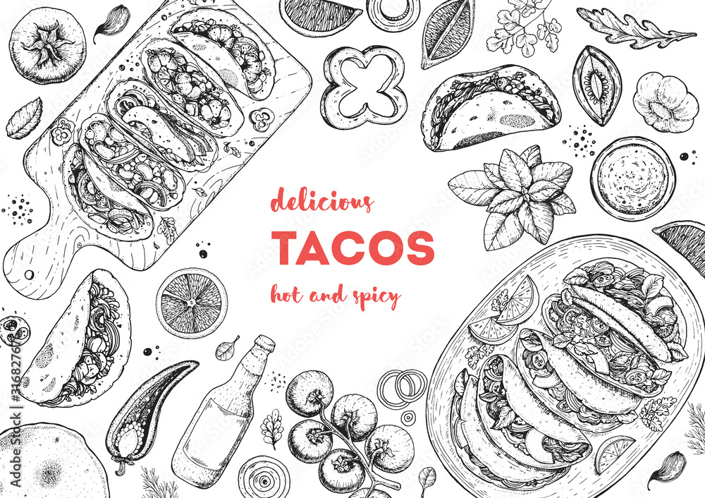 Tacos cooking and ingredients for tacos, sketch illustration. Mexican ...
