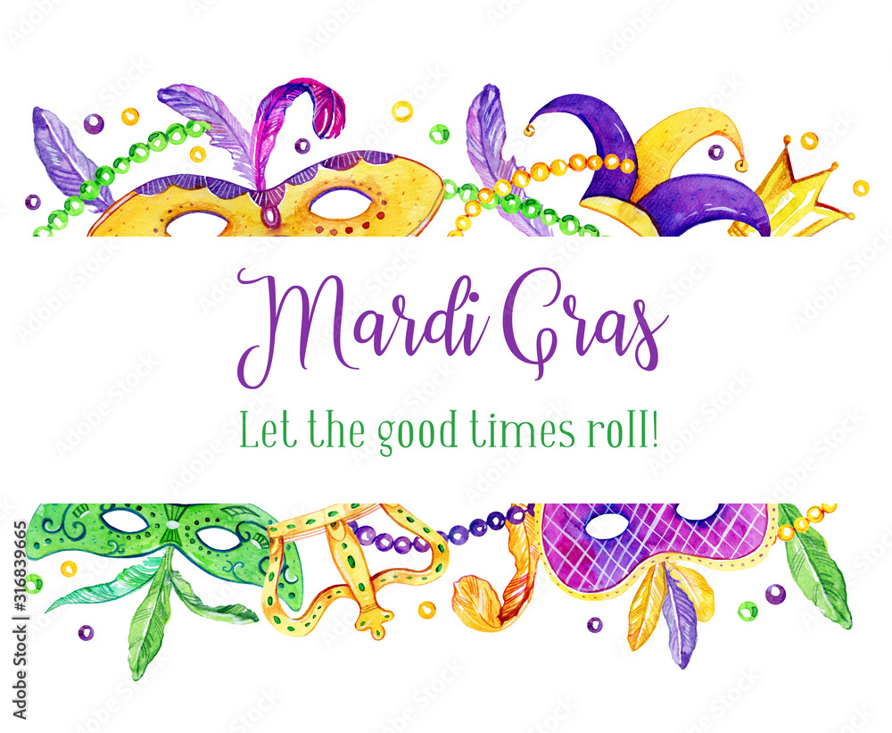 Mardi Gras border with traditional objects on top and bottom. Masks ...