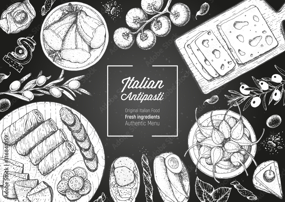 Italian food top view. A set of Italian Antipasti. Food menu design ...