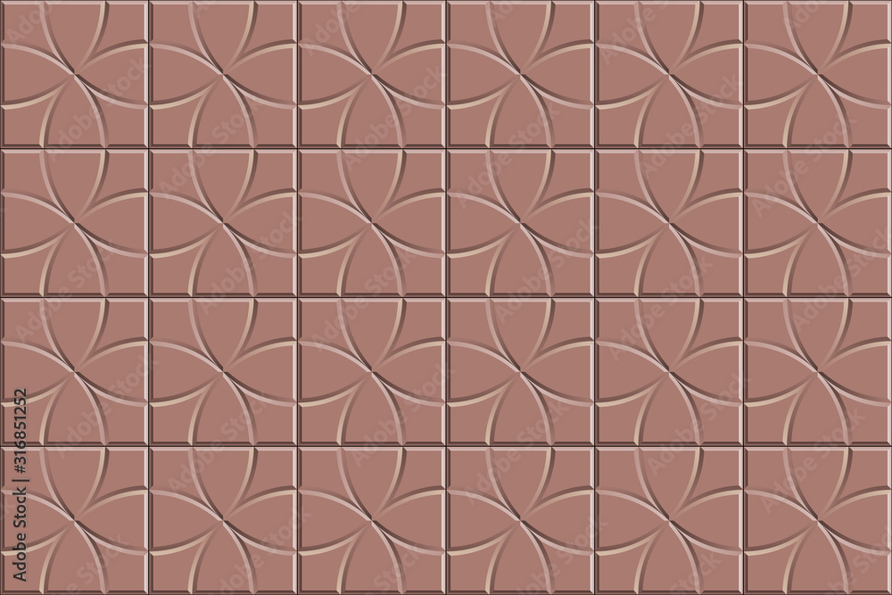 3D seamless texture of circle squared floor tiles. Repeating red ...