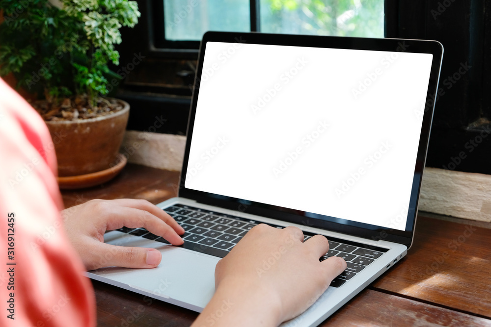 Laptop mockup, Man hands typing computer with blank screen for template ...