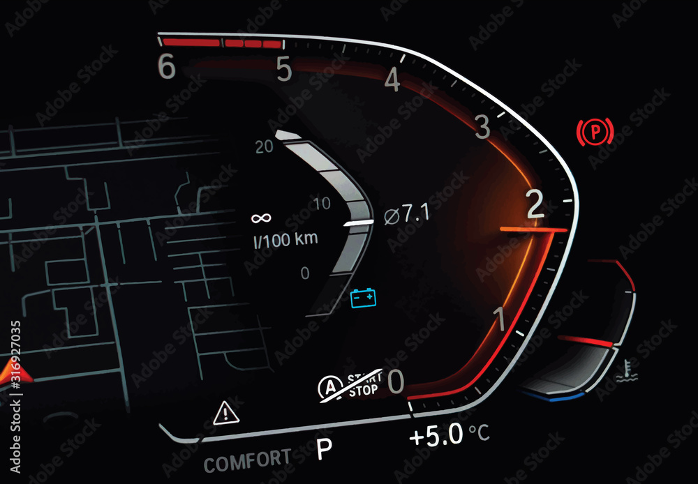 Illustration of car tachometer displaying almost 2000 RPM. Modern ...