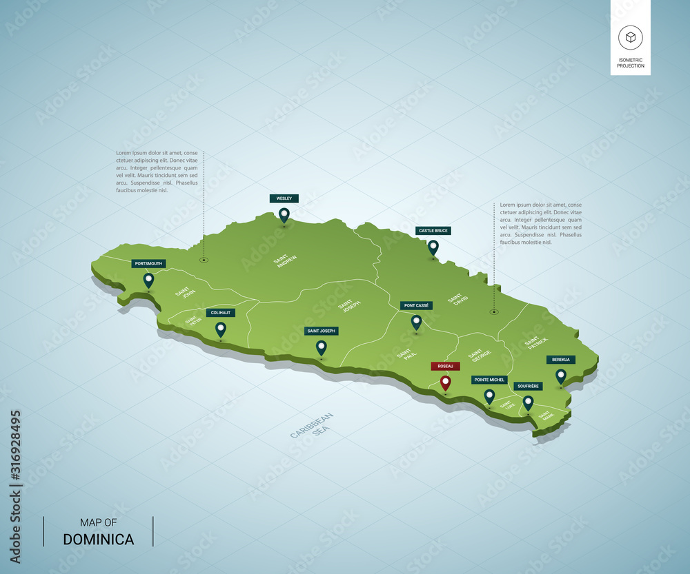 Stylized map of Dominica. Isometric 3D green map with cities, borders ...