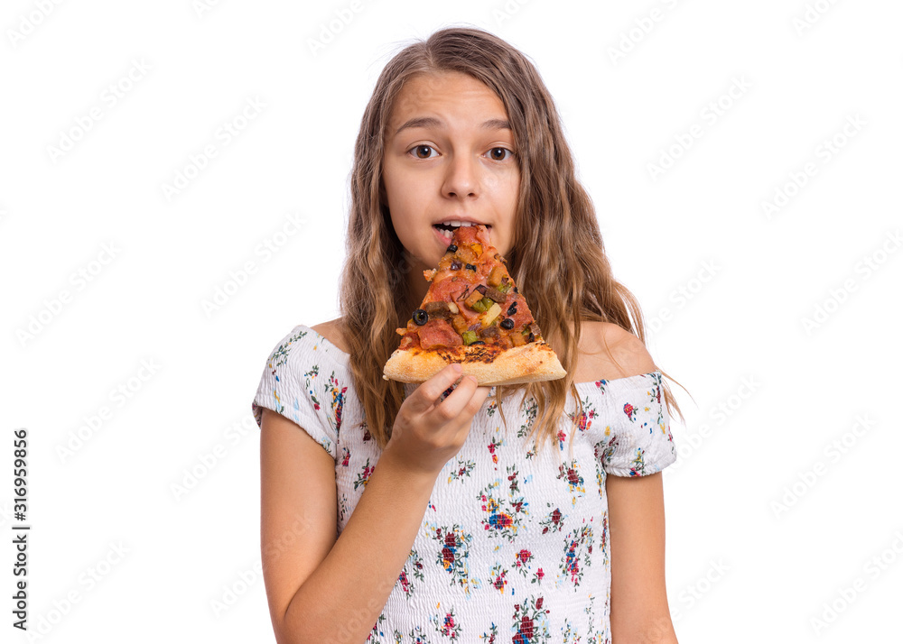 Happy beautiful young teen girl appetizing bites slice of pizza. Close ...