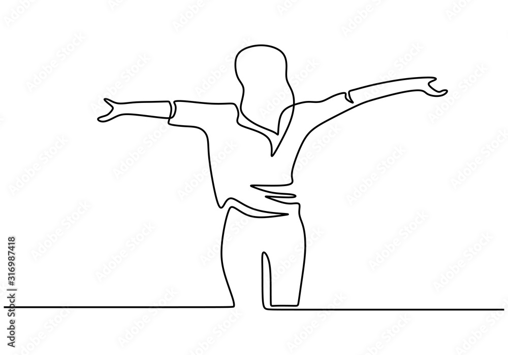 Continuous one line drawing of woman standing and rising hands ...