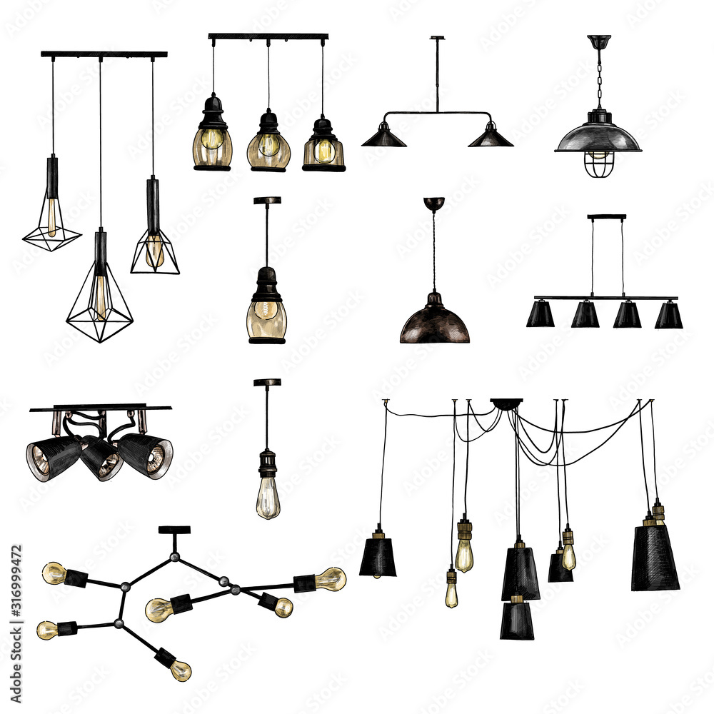 set of modern loft style ceiling lights, sketch vector graphics color ...