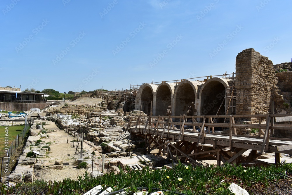 Ruins of the ancient city port of Caesarea. Caesarea was a Roman city ...