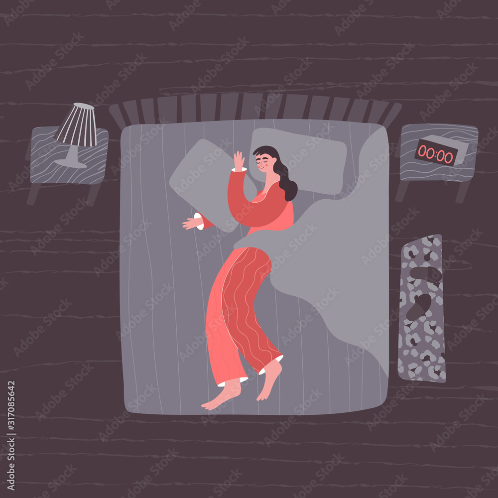 Cute vector character sleeping at night in the bedroom. Woman lying in ...