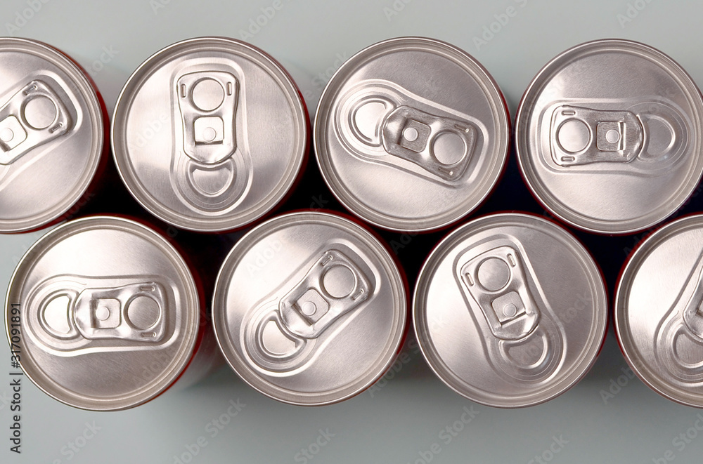 Many new aluminium cans of soda soft drink or energy drink containers ...