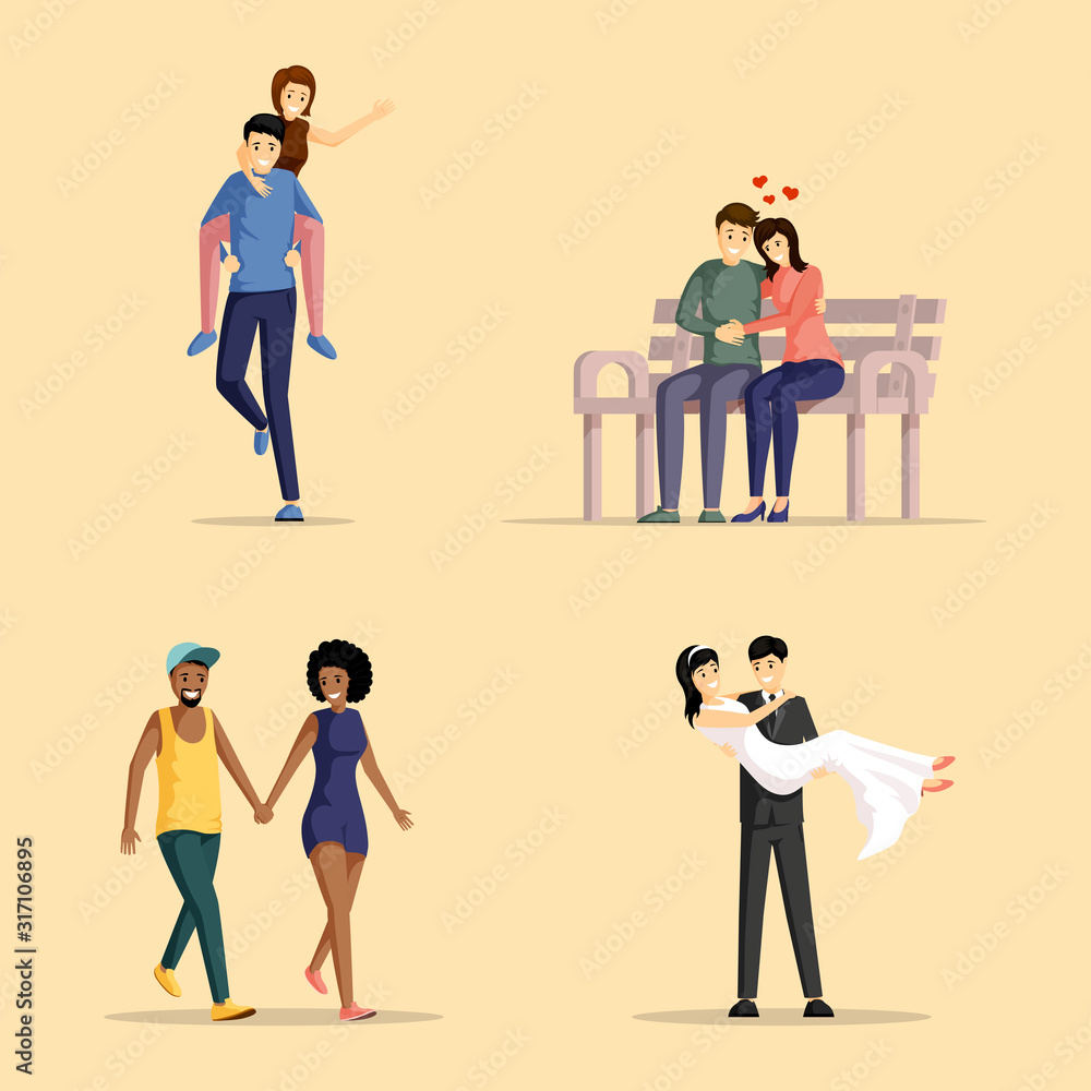 Happy couples flat vector illustrations set. Men and women in love ...