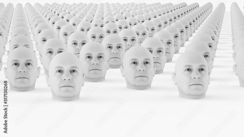 3D image of uniform male dummy hairless heads - monotonous characters ...
