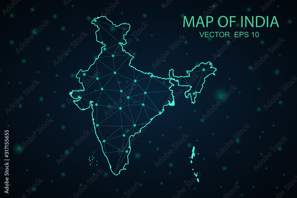 Map of India. Wire frame 3D mesh polygonal network line, design sphere ...