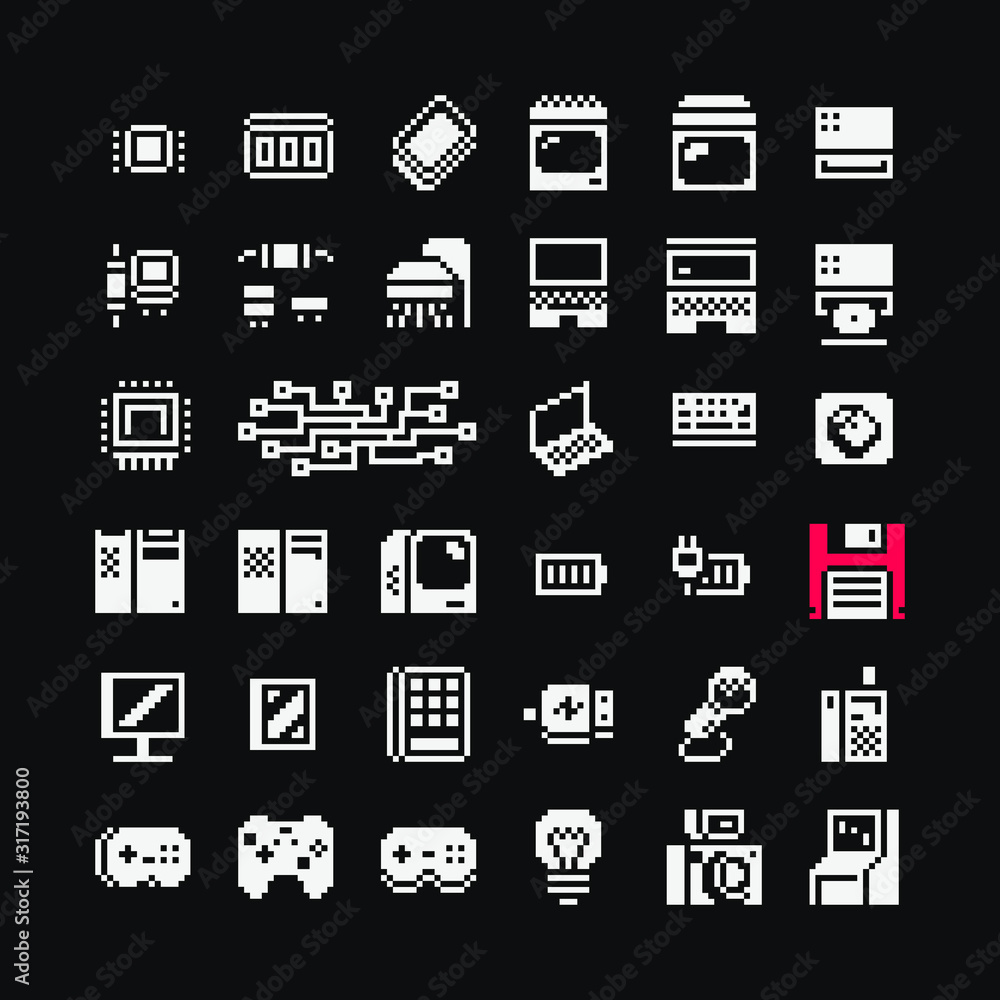 1-bit computers icons set, AI, computer, microcircuit, gamepad ...