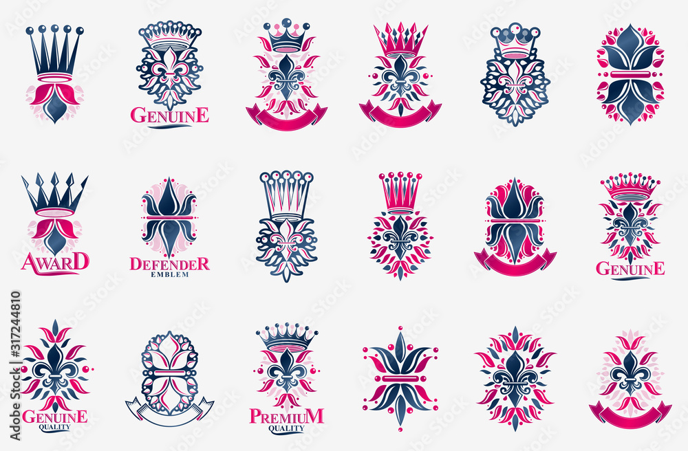 Heraldic Coat of Arms with Lily Flower and crowns symbol vector big set ...
