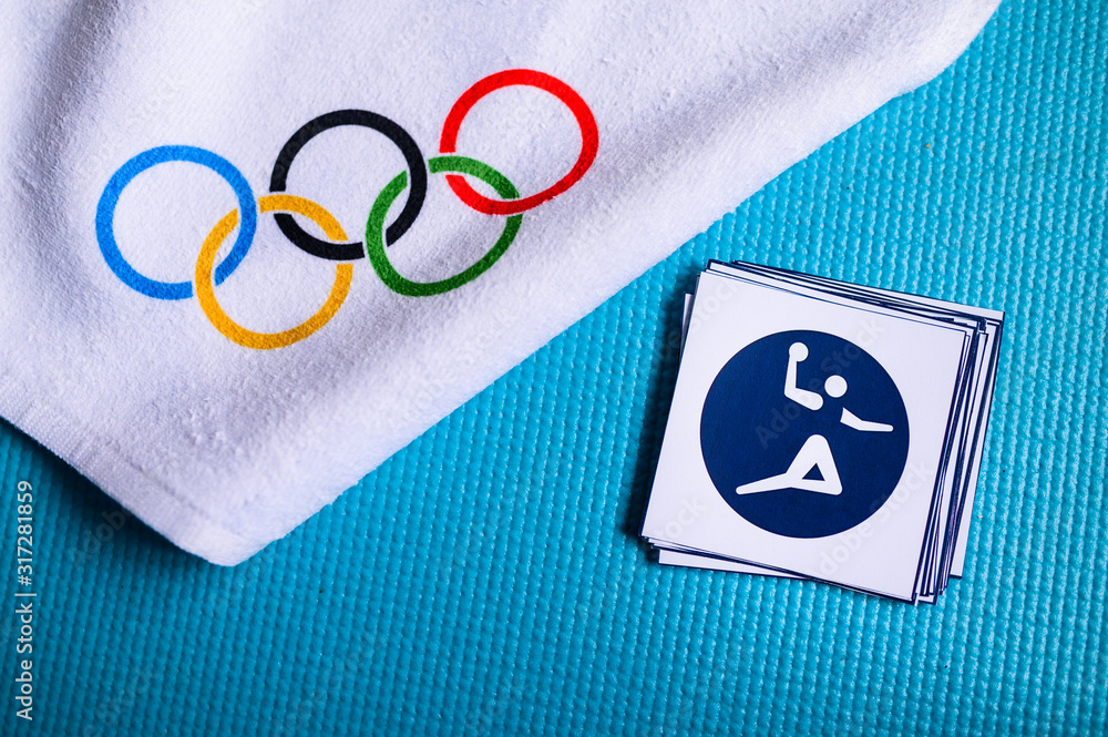 TOKYO, JAPAN, JANUARY. 20. 2020: Handball pictogram and olympic rings ...