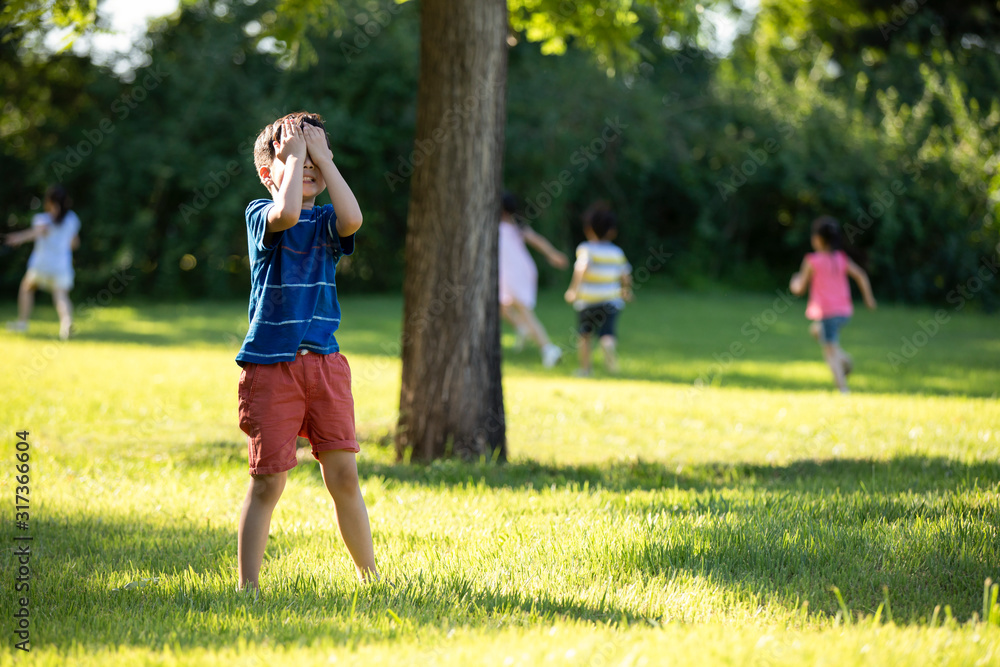 Happy children playing hide and seek on meadow Stock Photo | Adobe Stock