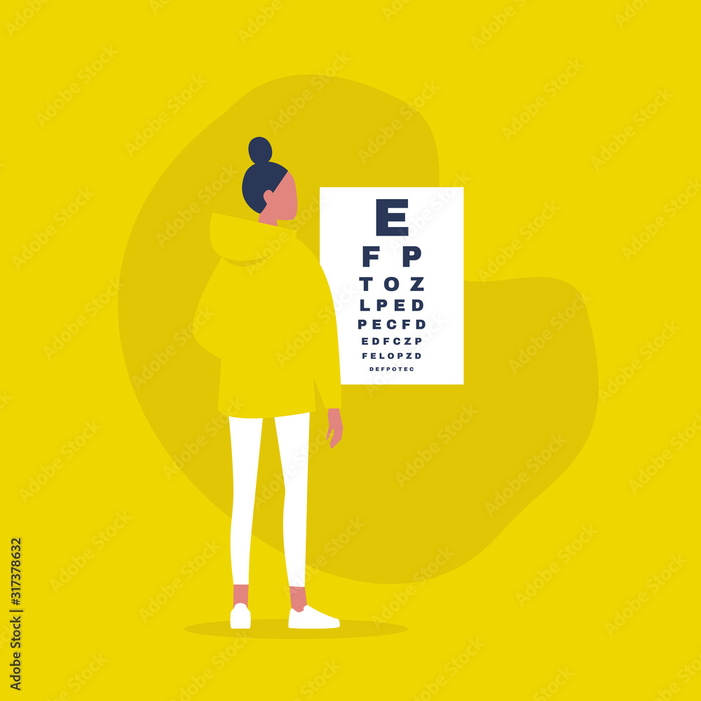 Health care and ophthalmology, Young female character looking at the ...