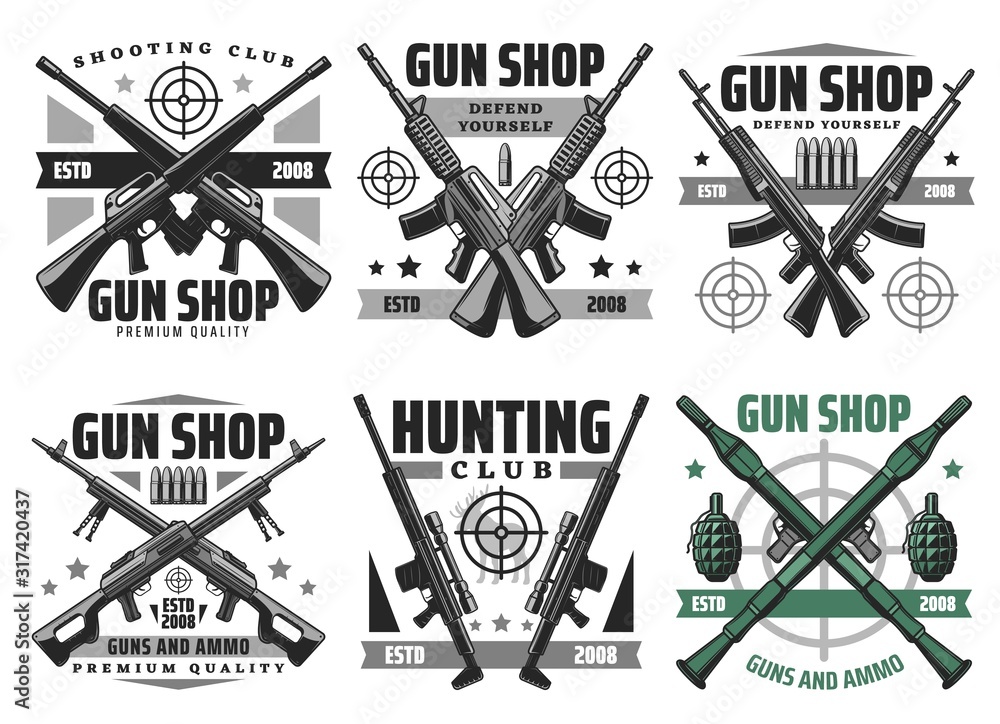 Gun shop and hunting ammo, equipment store vector icons. Military ...