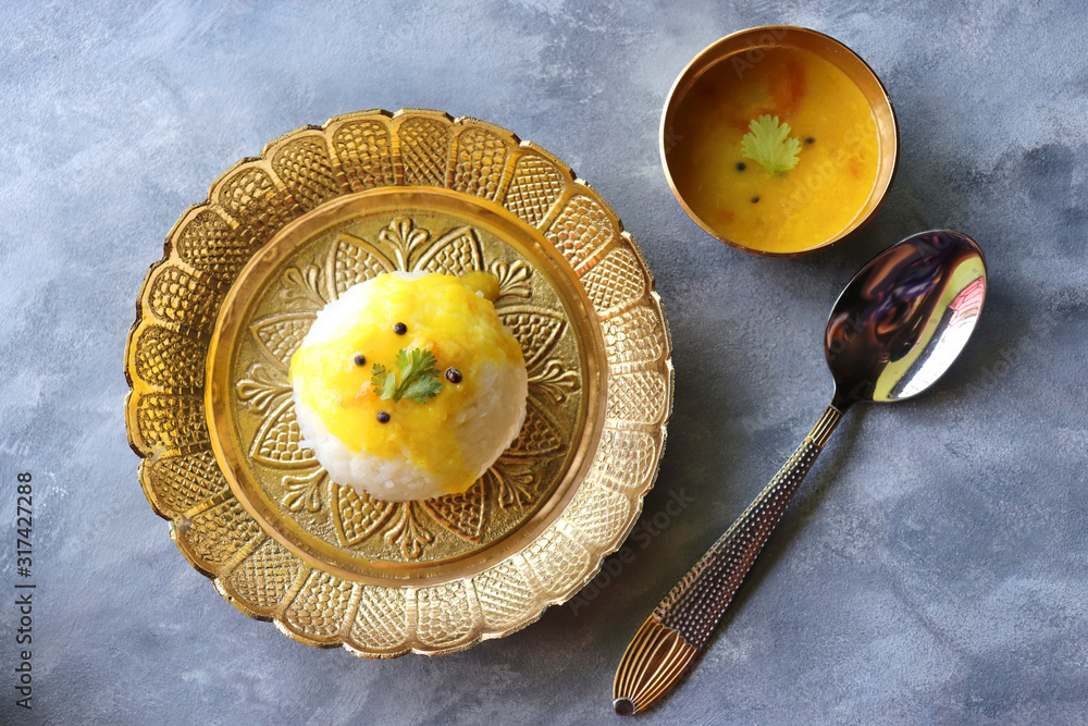 Healthy Indian comfort food Dal Chawal thali or Dal Rice. Served in ...