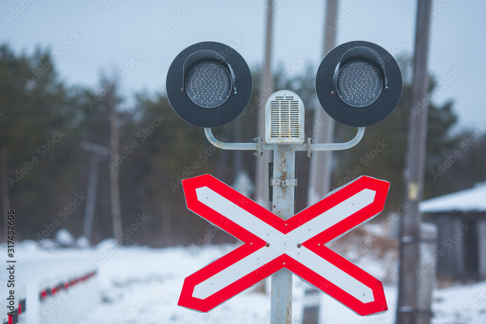 Traffic light on the railway. Railroad crossing lights. Stock Photo ...