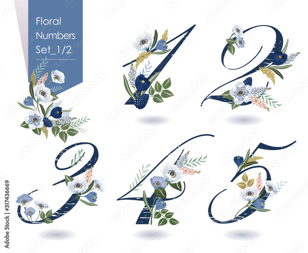 Vector illustration of floral numbers collection in spring. A set of ...