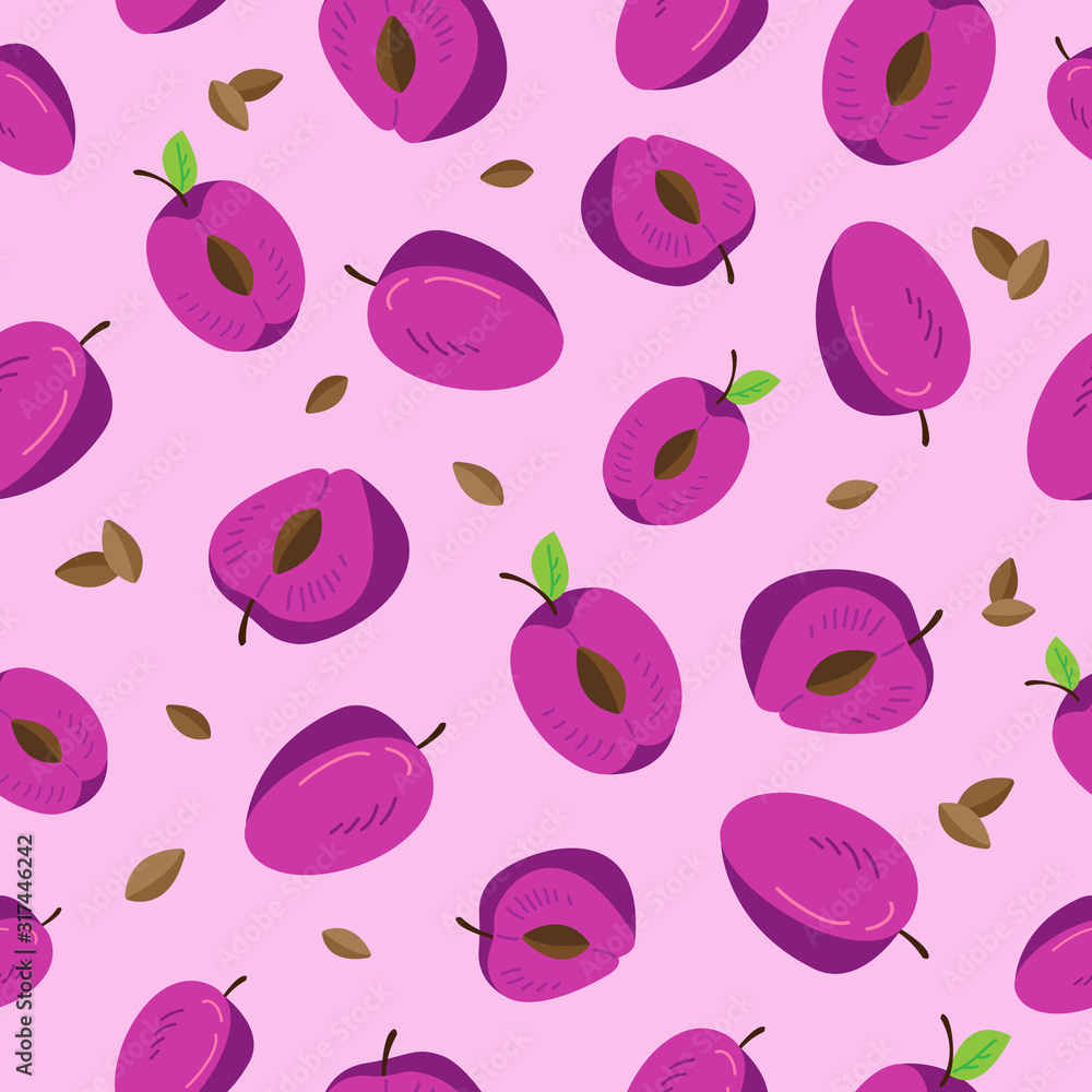 Plum pattern design. Plum background. Cute cartoon style background ...