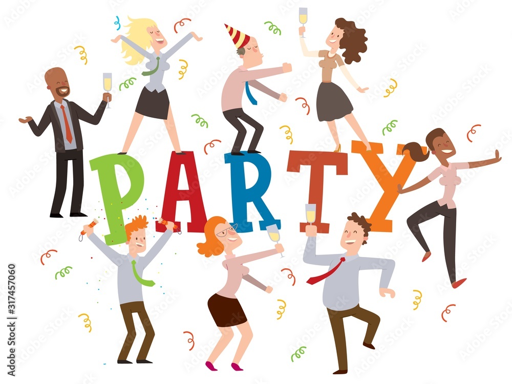Party at the office, vector illustration. Typography poster with ...