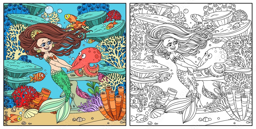 Cartoon little mermaid girl dancing with an octopus on underwater world ...