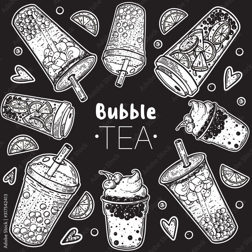 Bubble tea hand drawn illustration. Cocktail collection. Bubble tea ...
