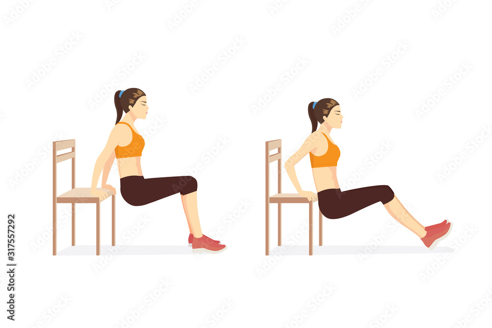 Woman doing Triceps Dips with bench in 2 step for exercise guide ...