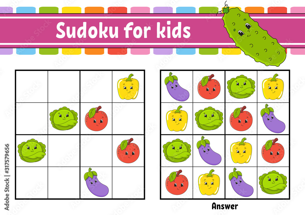 Sudoku for kids. Education developing worksheet. Vegetable, fruit ...