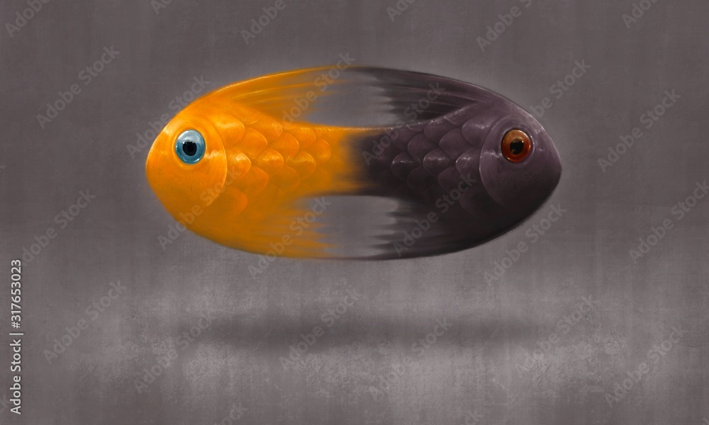 Contrast concept, twin fishes with different color surreal artwork ...