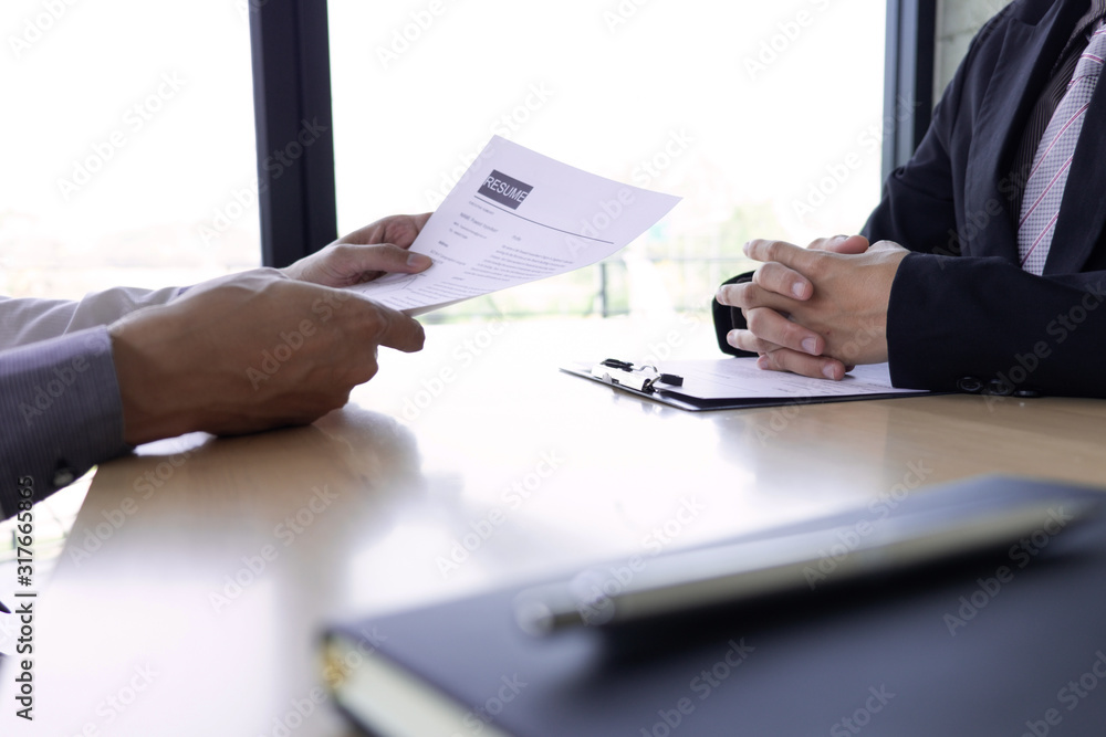 Job seeker presentation about himself with interview employee for job ...