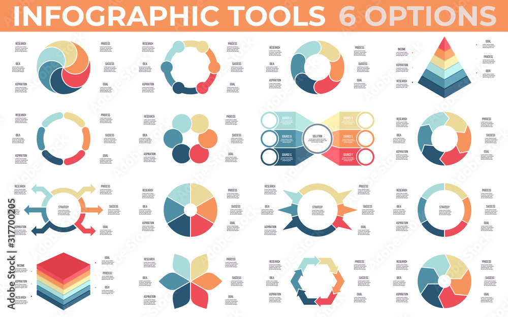 Vector Infographic Elements Circular Diagrams Data Visualization Templates With 6 Steps