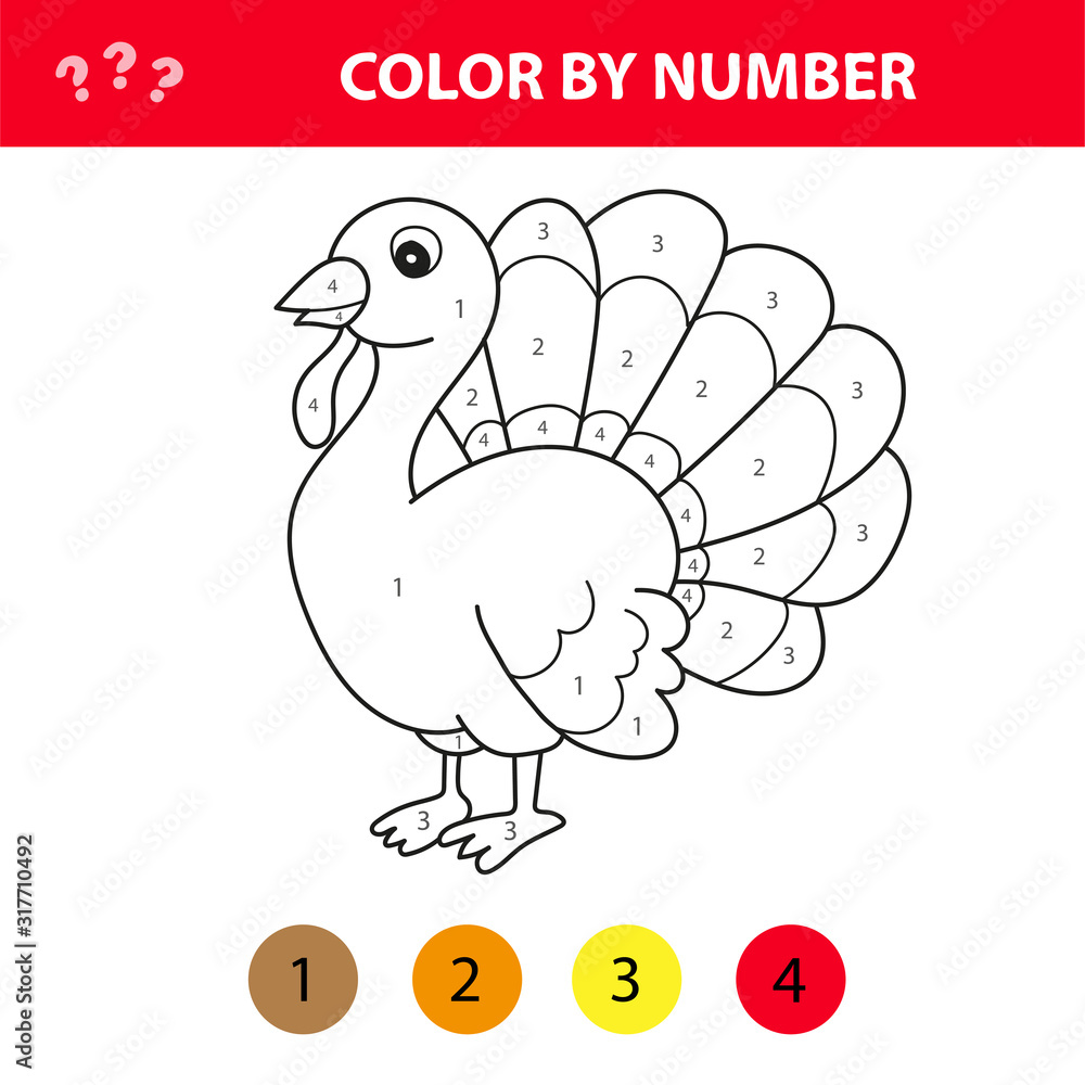 Cartoon turkey. Color by number educational game for kids. Vector ...