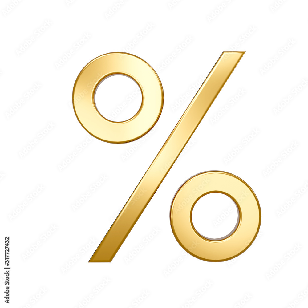 Glossy Golden 3d render percent symbol isolated on white background ...
