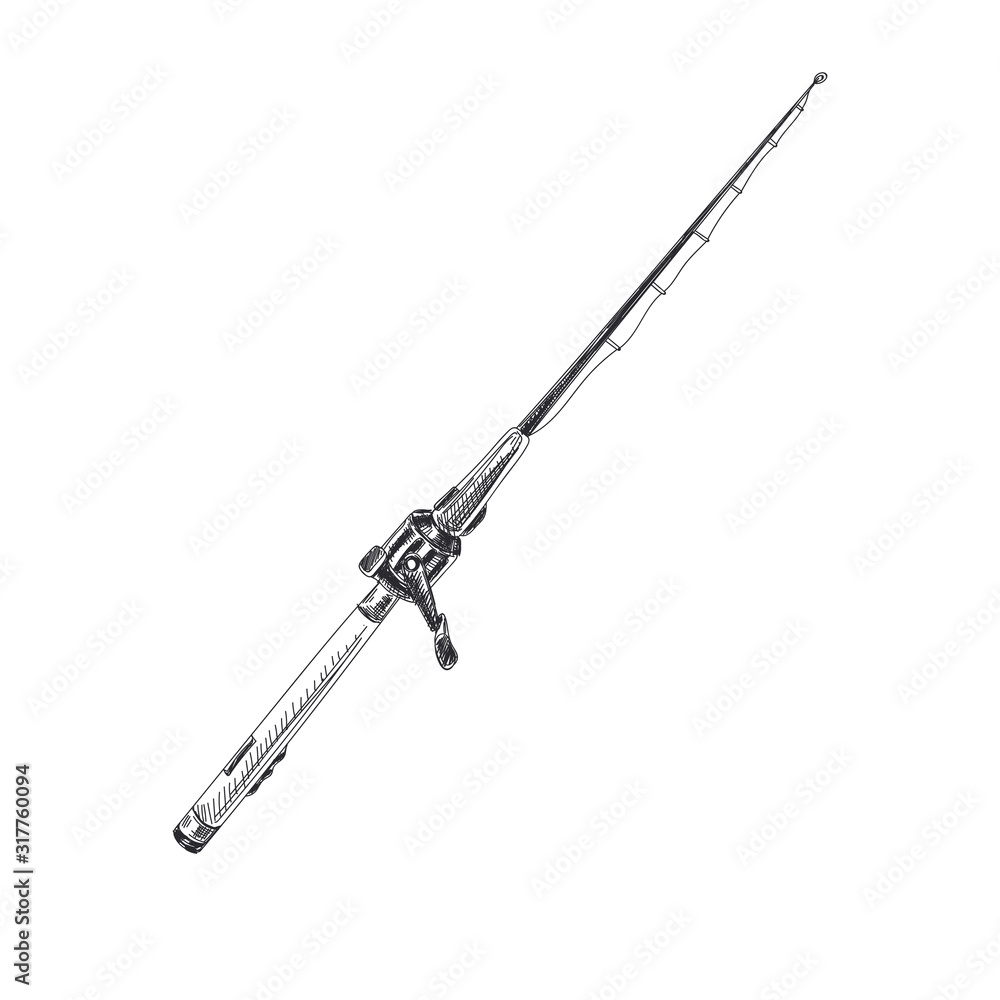 Fishing rod hand drawn monochrome vintage vector illustration Stock ...