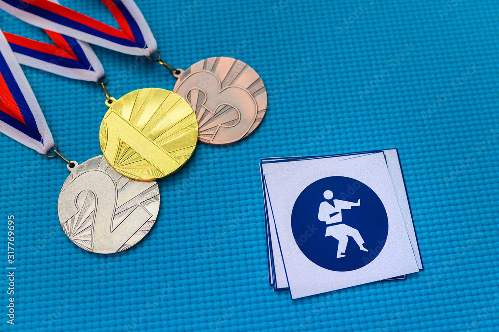 Karate Kata icon and medal set, gold silver and bronze medal, blue ...
