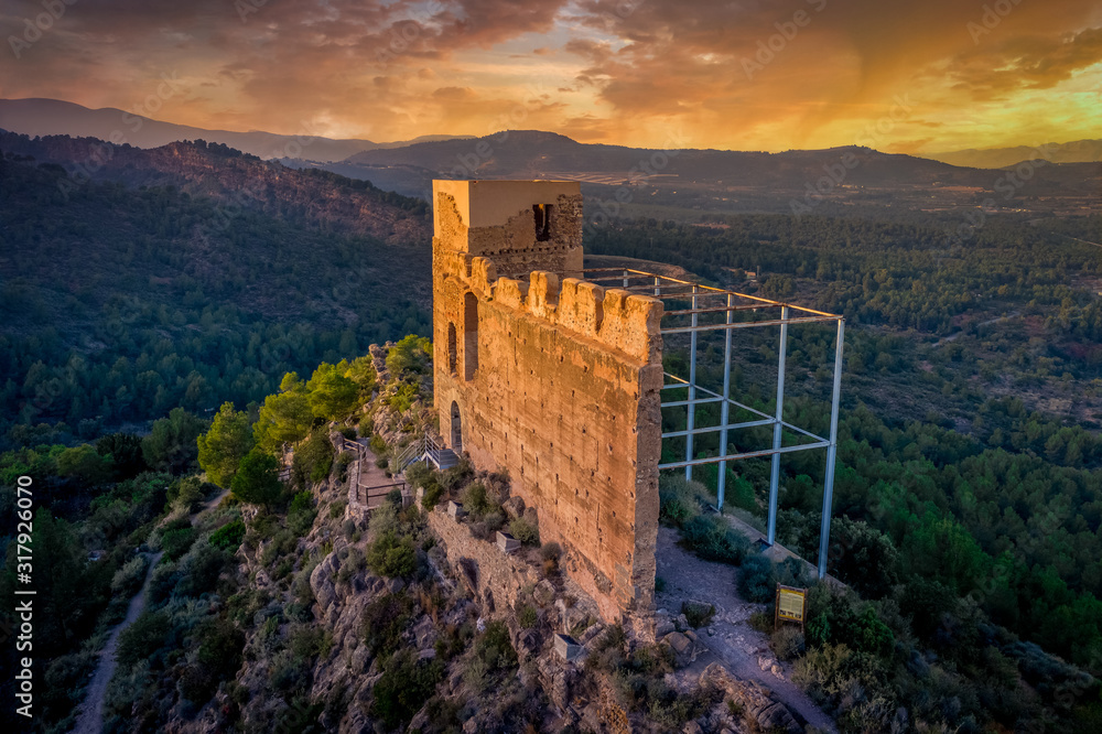 Aerial view of ancient ruined Gothic Beselga castle above the Peniscola ...