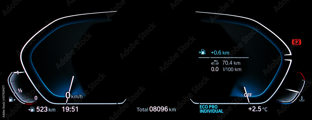 Empty illuminated car dashboard panel concept. Modern fully digital LCD ...