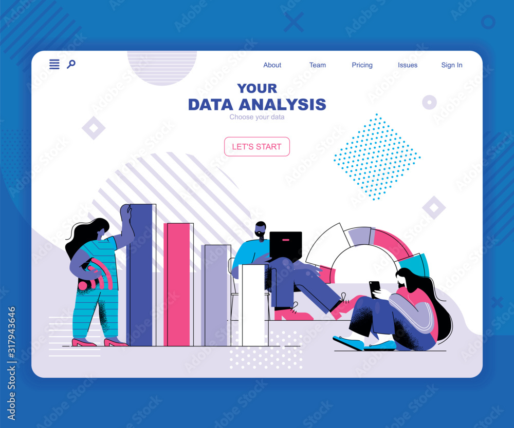 Data analysis landing page vector template. Information chart and graph website header UI layout ...