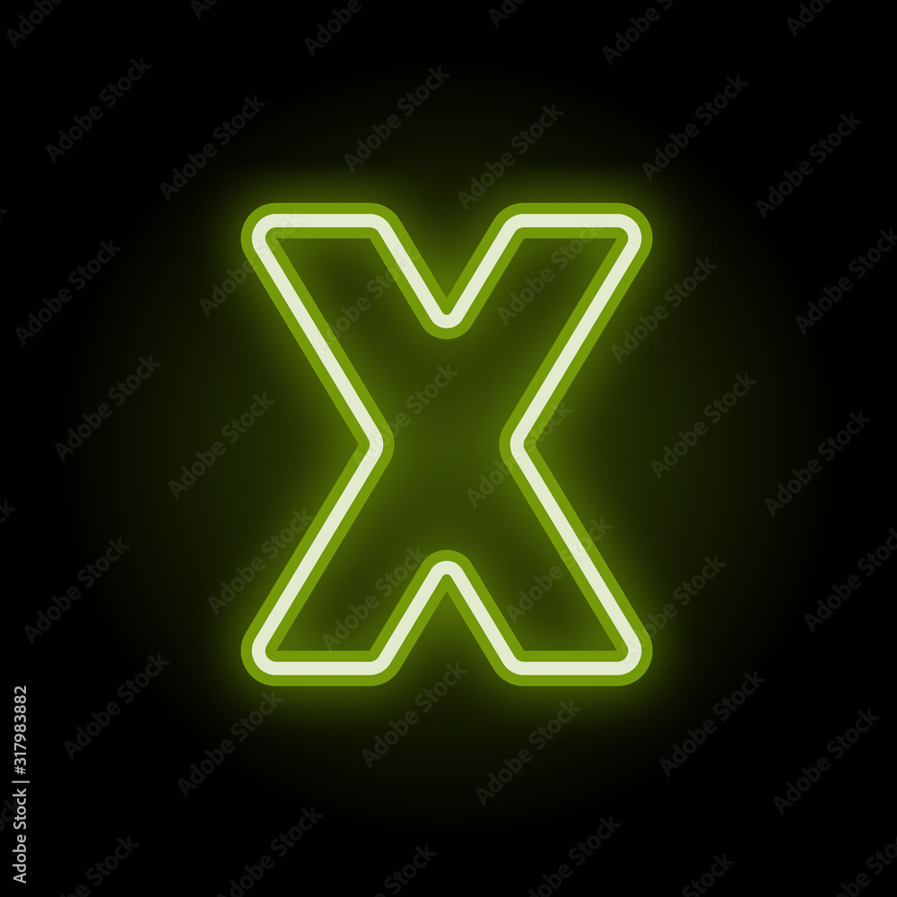 Green neon letter X with glow on black background. Blur effect is made ...