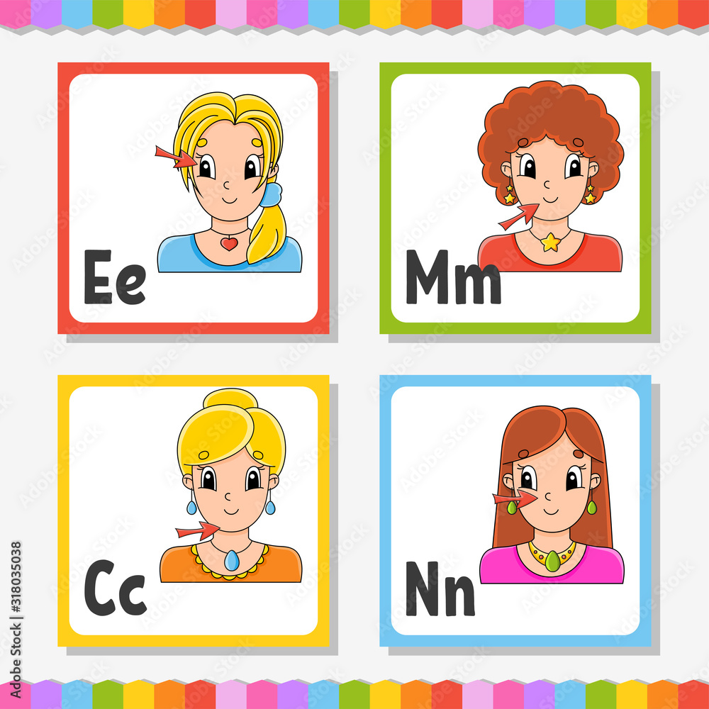 English alphabet. Letter E, M, C, N. ABC square flash cards. Cartoon ...