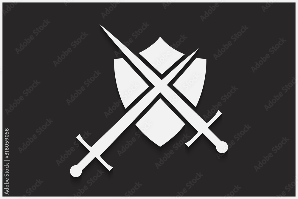 Shield and sword vector emblem. White shield and sword on a black ...