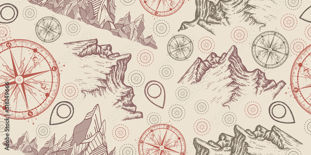 Mountains, compass, map pointer, tourist. Seamless pattern. Packing old ...