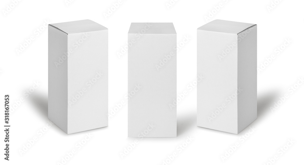 Set of White box tall shape product packaging in side view and front ...